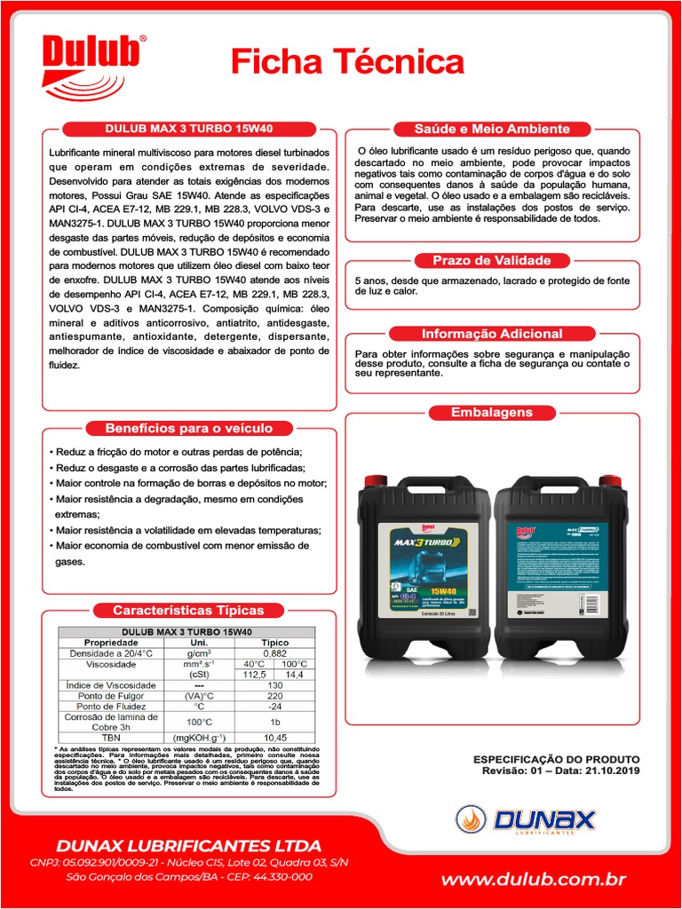 MAX3TURBO 15W40 CI-4 - Ficha Técnica | PDF | Óleo de motor | Química