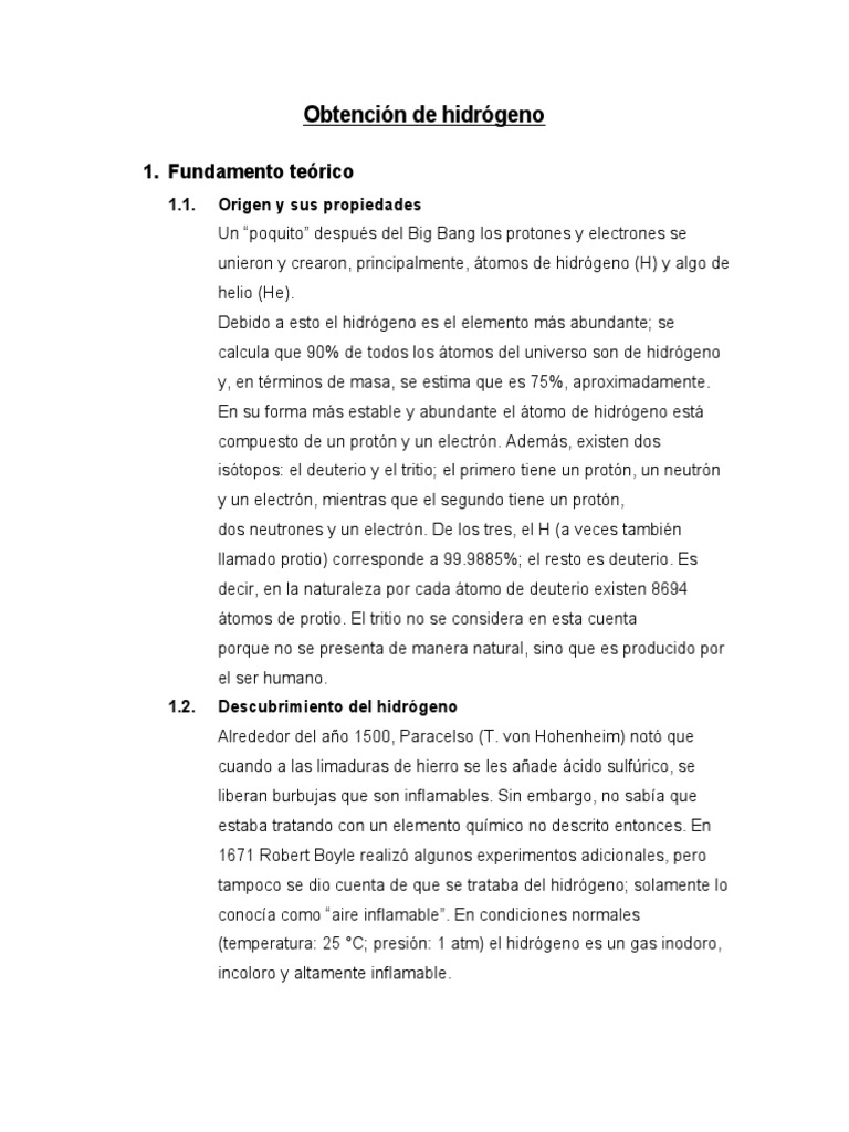 Obtención de Hidrógeno | PDF | Hidrógeno | Compuestos químicos