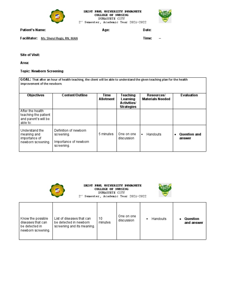 Health Teaching Plan For Newborn Screening | PDF | Nursing | Screening ...