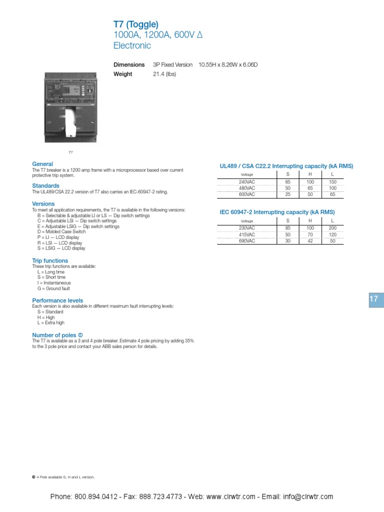 ABB T7 1200A MCCB Specifications | PDF | Switch | Power Engineering