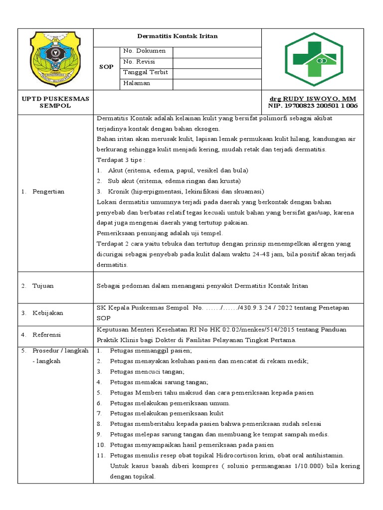 Sop KDKD Penyakit Dermatitis Kontak Iritan | PDF