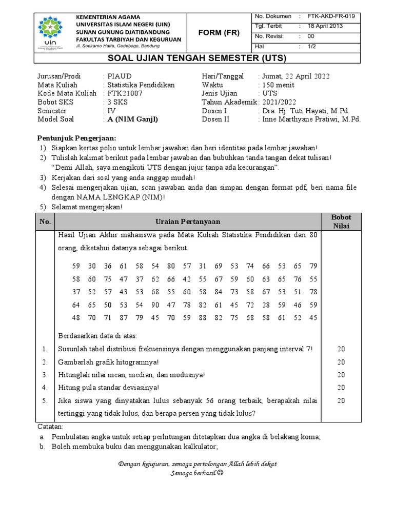 Soal UTS Statistika Pendidikan 2022 | PDF
