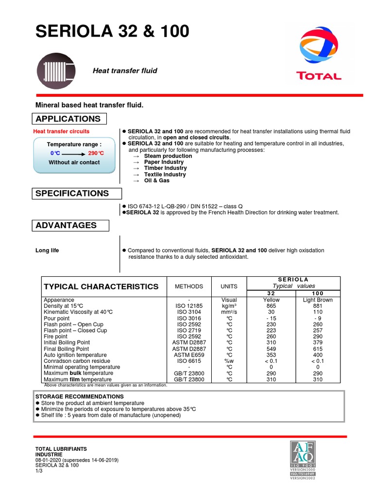 Total Seriola 32 & 100 Data Sheet | PDF | Heat | Heat Transfer