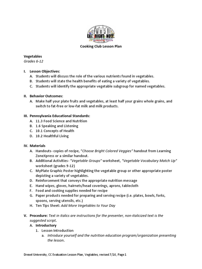 DU CC Eval Lesson Plan Vegetables 7 16 | PDF | Vegetables | Foods