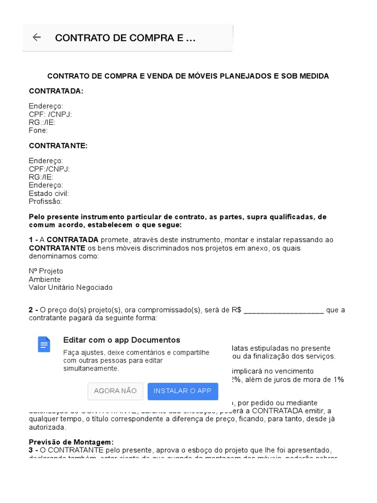 Contrato de Compra e Venda de Móveis Planejados e Sob Medida | PDF | Direito Civil (sistema ...
