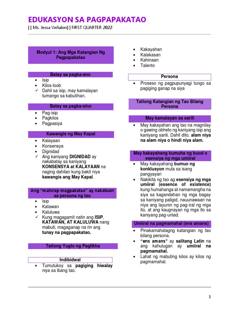 1st Quarter Esp g10 Reviewer | PDF