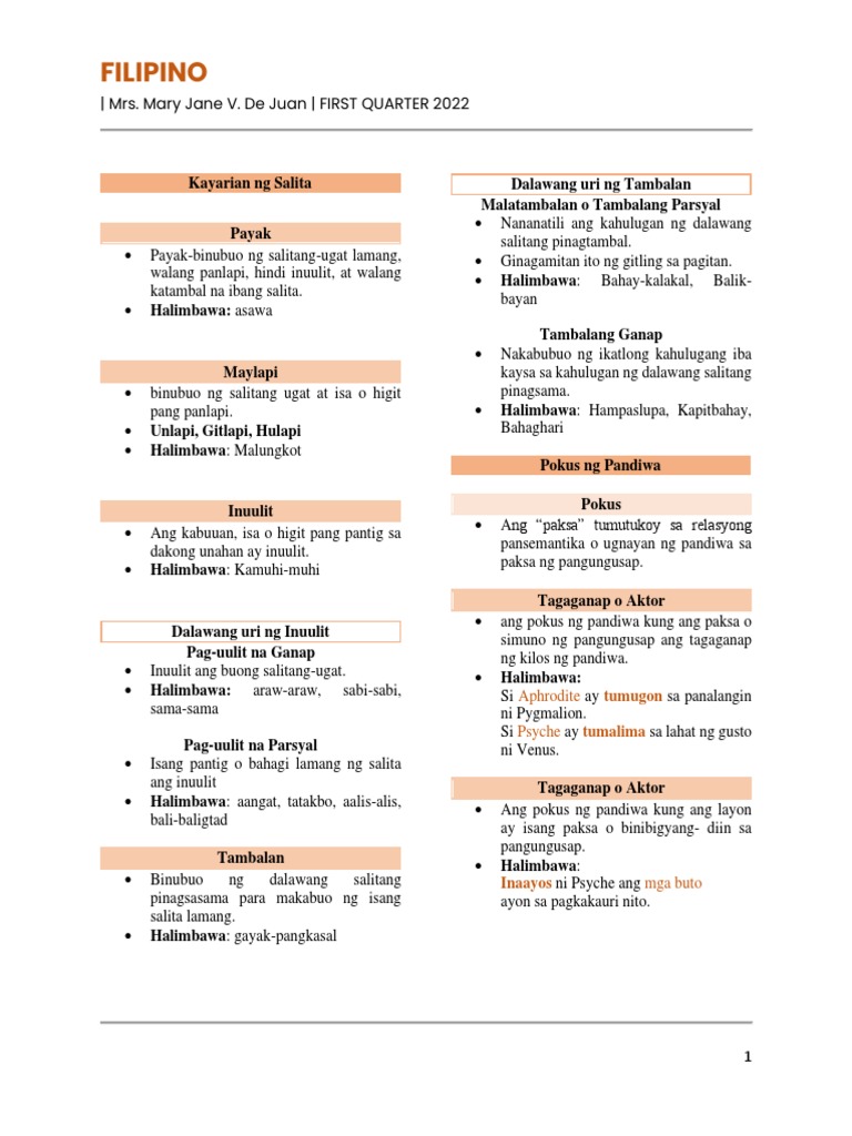 1st Quarter Filipino g10 Reviewer 22-23 | PDF
