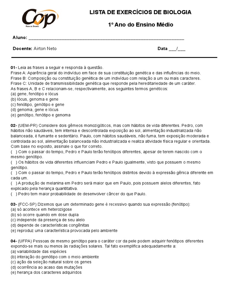 1o Ano Do Ensino Medio - Revisao para A Prova | PDF | Genótipo | Alelo