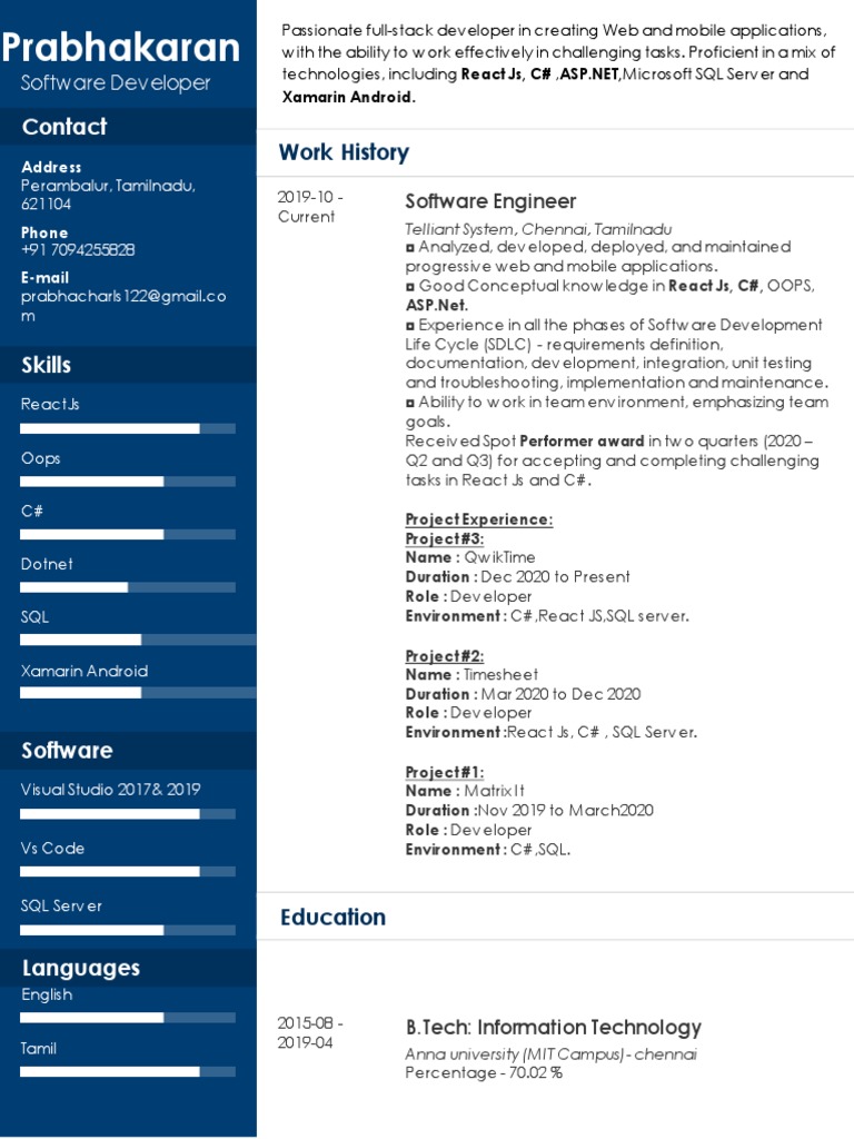 Prabhakaran Resume | PDF | Xamarin | C Sharp (Programming Language)