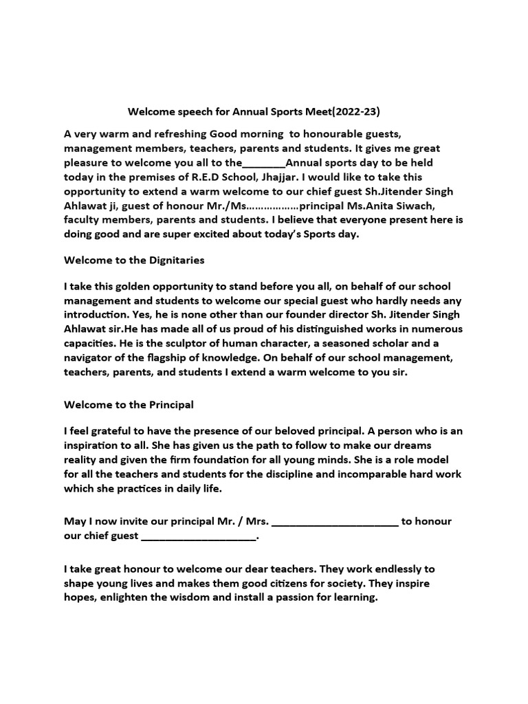 Welcome Speech For Annual Sports Meet | PDF