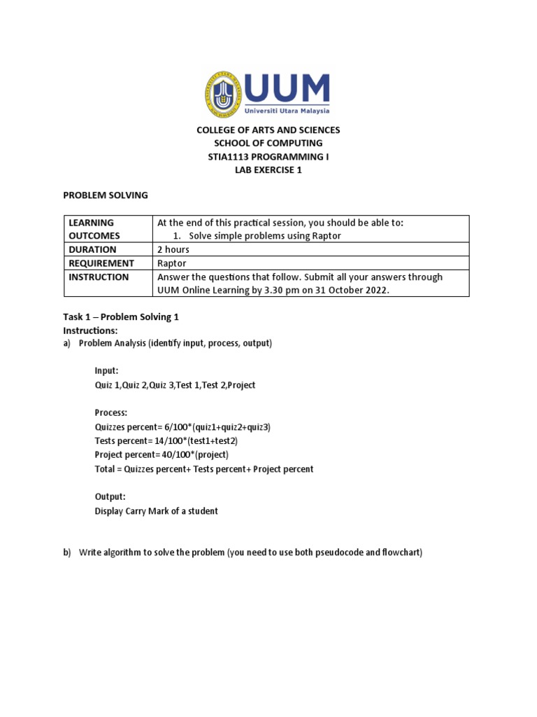 Programming I Lab Problem Solving Pdf Algorithms Traffic Ticket