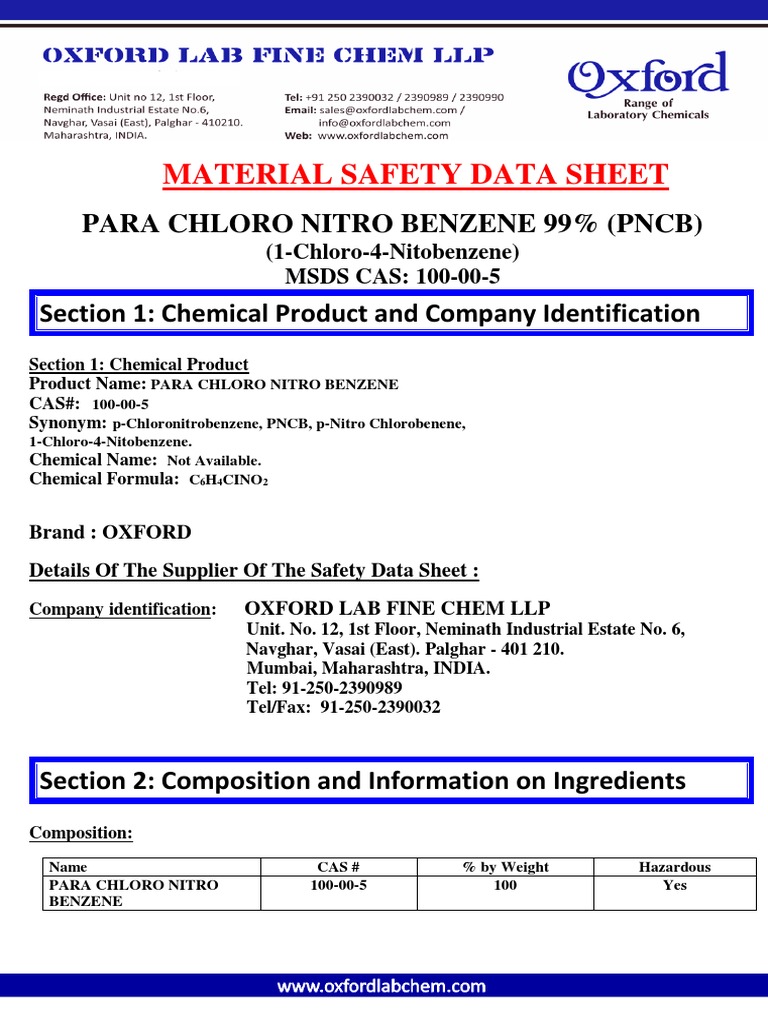 Para Chloro Nitro Benzene MSDS Guide | PDF | Toxicity | Personal ...