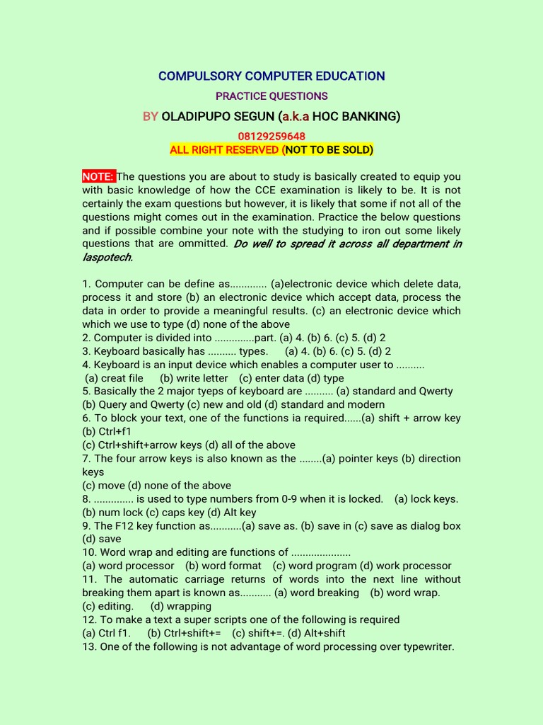 CCE Computer Education Practice Questions | PDF | Microsoft Word ...