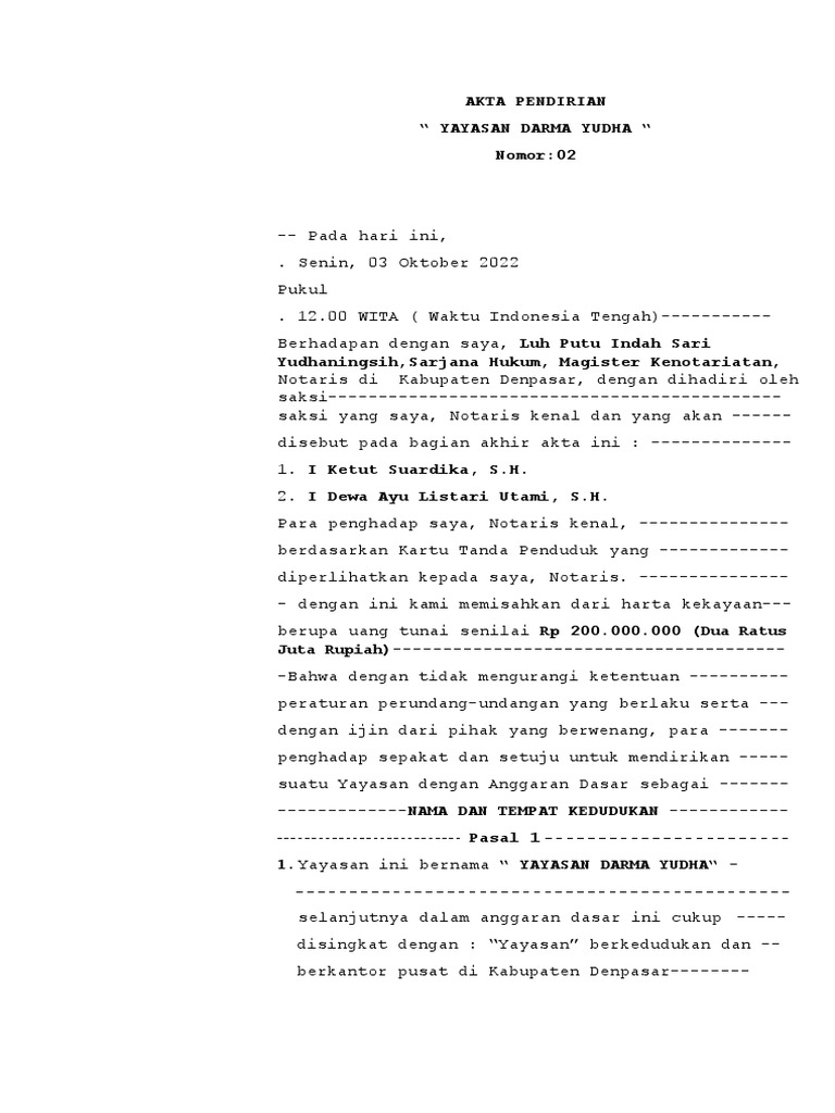 Akta Pendirian Yayasan | PDF | Hukum