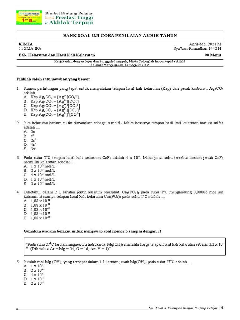Bank Soal Uji Coba PAT - Kimia - 11 SMA (Kelarutan Dan Hasil Kali ...