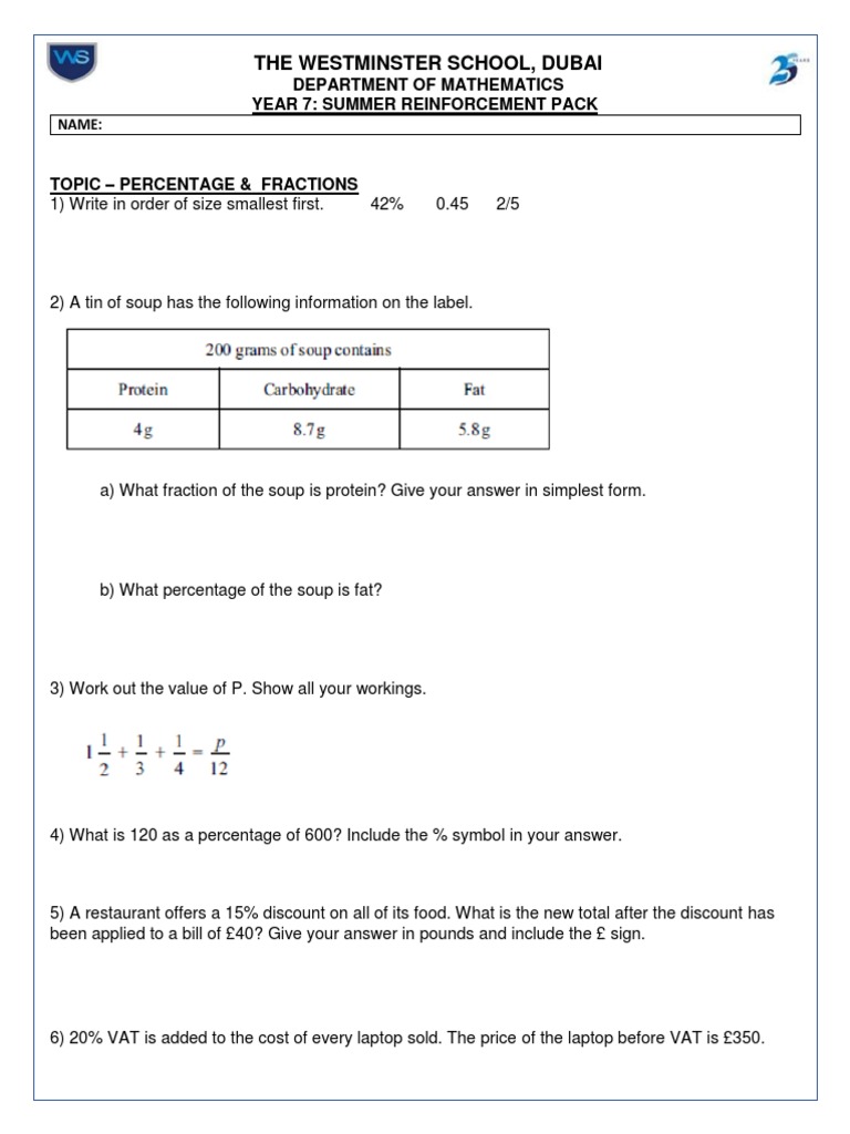 Year 7 Math Summer Pack | PDF | Area | Percentage