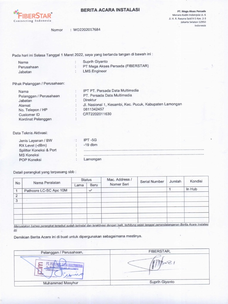 Berita Acara Instalasi | PDF