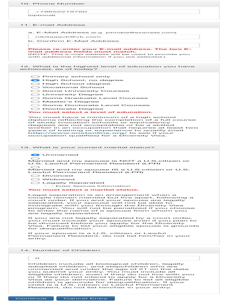 Part One - Entrant Information: Electronic Diversity Visa Entry Form | PDF | Marriage | Academic ...