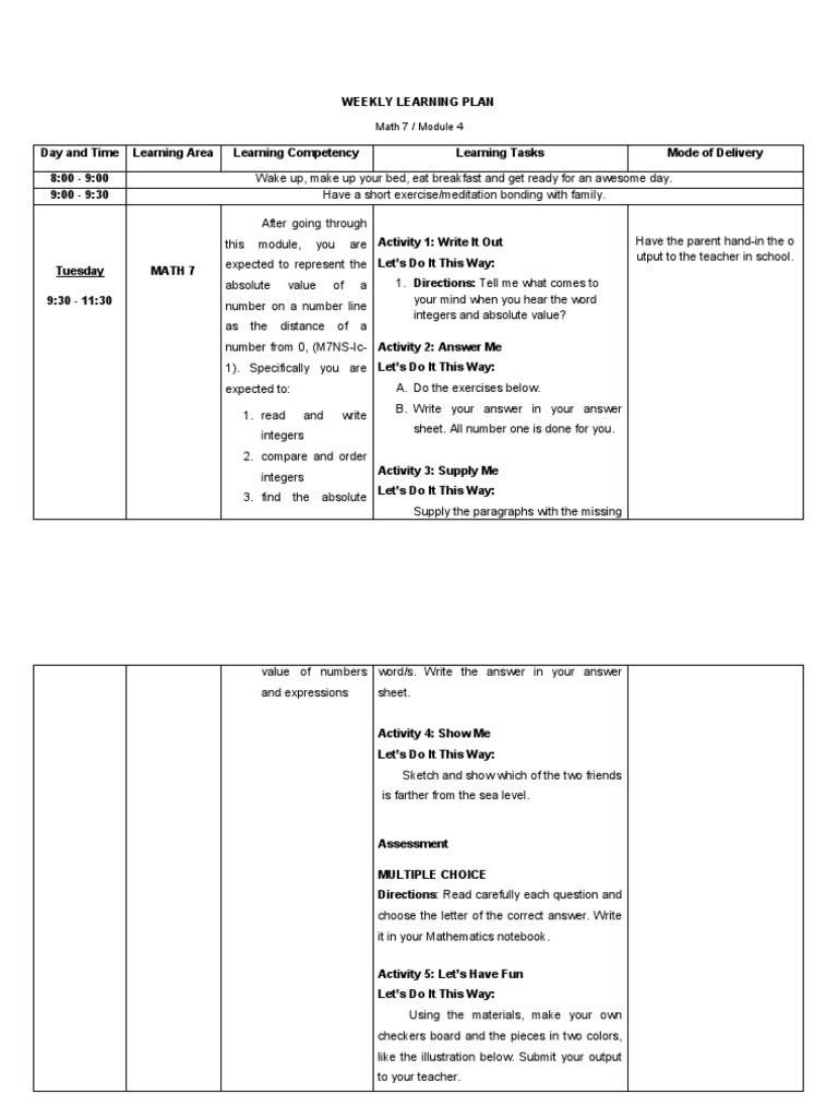 WEEKLY HOME LEARNING PLAN Math 7 | PDF