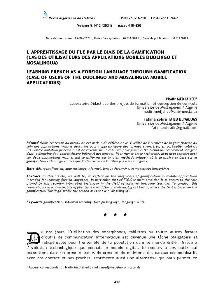 L'apprentissage Du FLE Par Le Biais de La Gamification (Cas Des Utilisateurs Des Applications ...