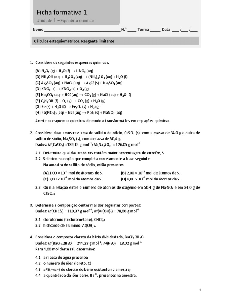 Ficha Formativa 1 - Cálculos Estequiométricos - Reagente Limitante | PDF | Hidróxido de sódio ...