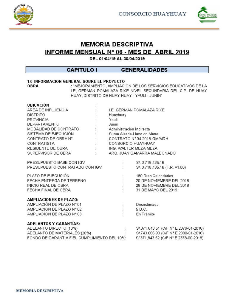 Informe mensual de avance de obras del proyecto "Mejoramiento ...