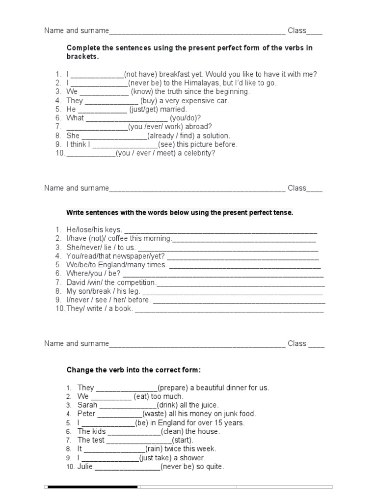Present Perfect Exercises Worksheet | PDF