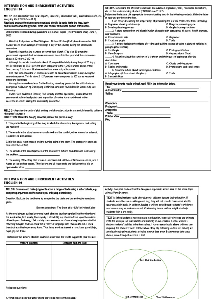 Intervention and Enrichment Activities Is English 10 MELC 1 To 3 ...