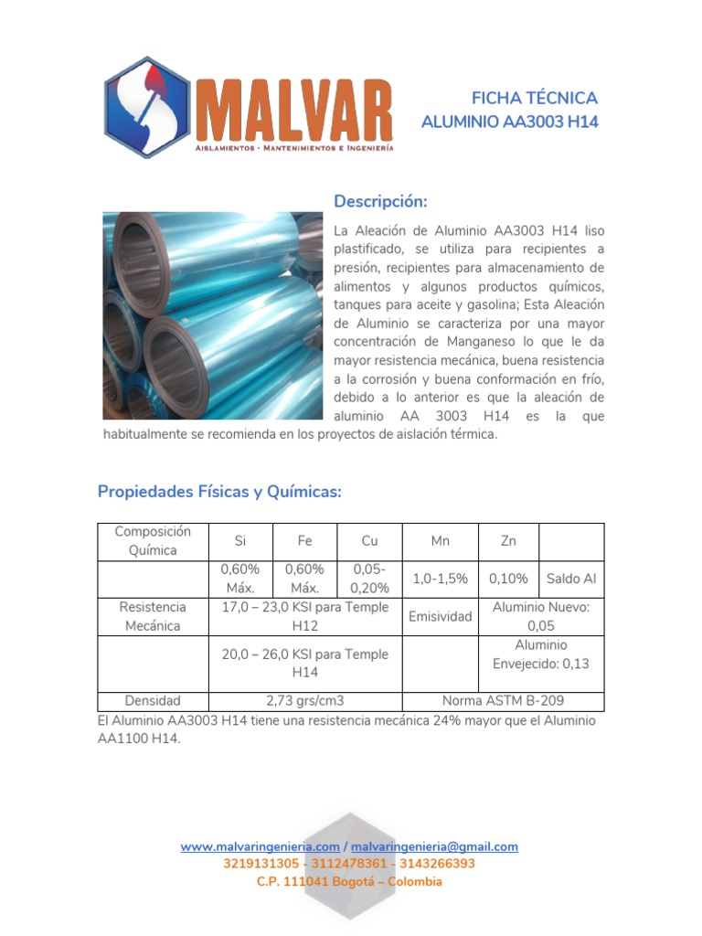 Ficha Tecnica ALUMINIO AA3003 H14 | PDF
