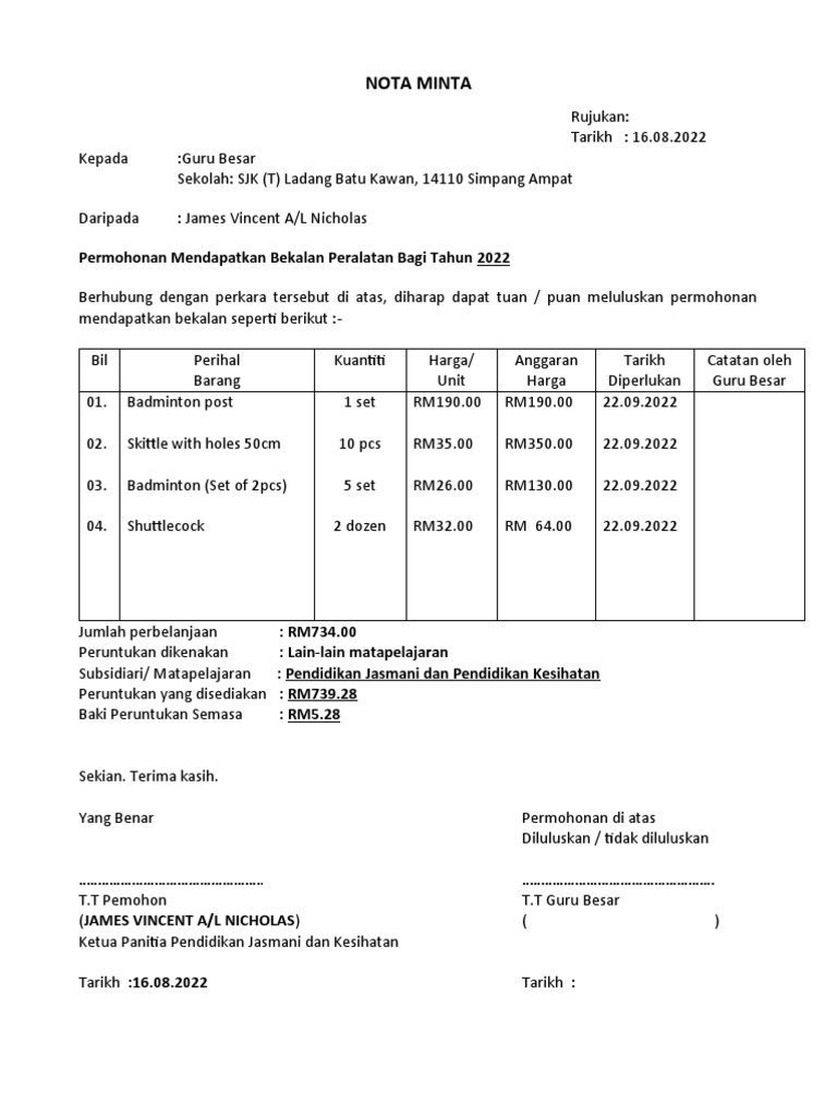 Nota Minta Panitia PJK | PDF