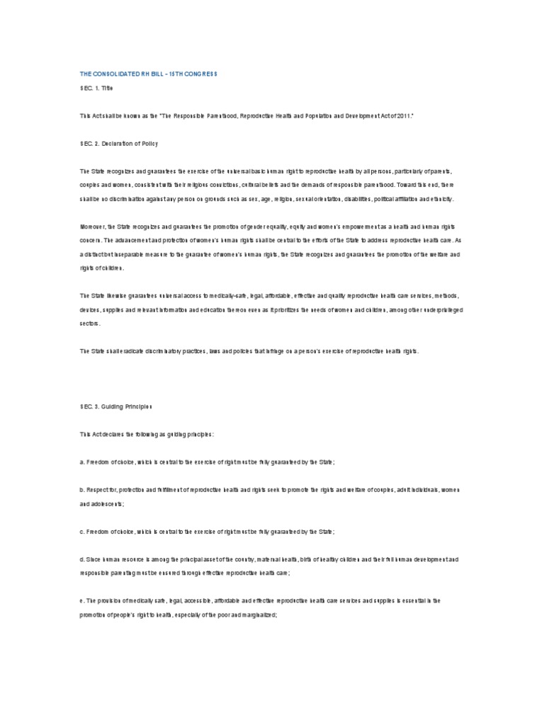 The Consolidated RH Bill | PDF | Reproductive Health | Family Planning