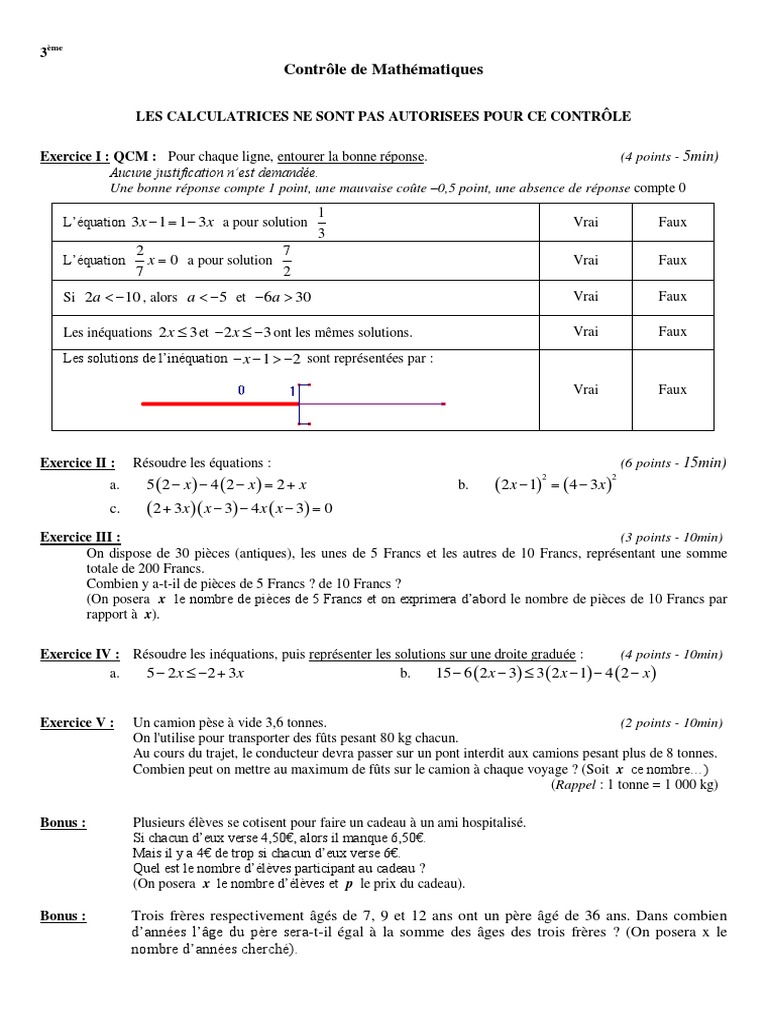 Contrôle de Mathématiques 3ème : Exercices et Corrigé | PDF