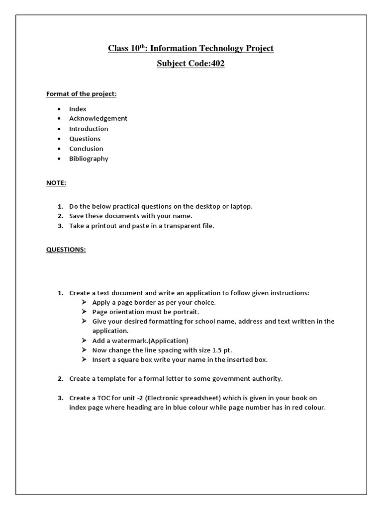 Class 10th Infomation Technology Project | PDF | Spreadsheet | Worksheet