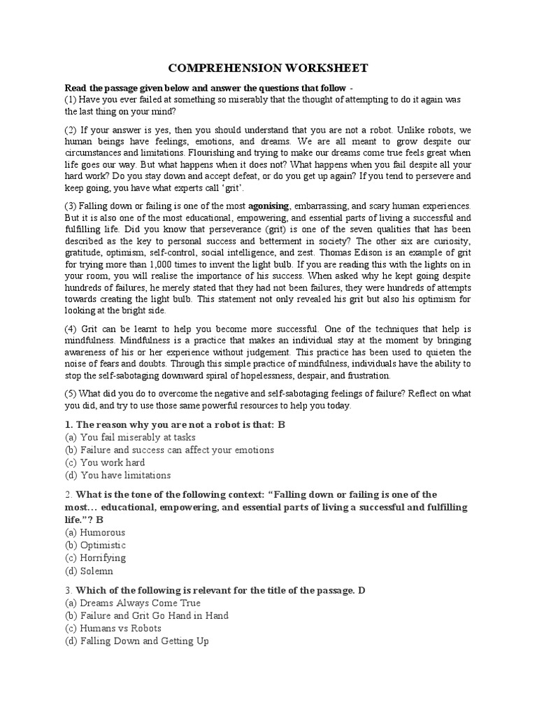 Comprehension Worksheet | PDF | Grit (Personality Trait) | Intelligence