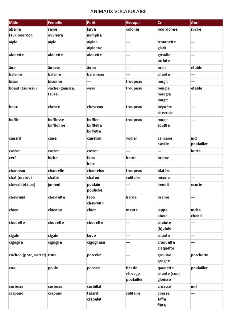 Vocabulaire des Animaux Mâles et Femelles | PDF | Cochon | Mammifères
