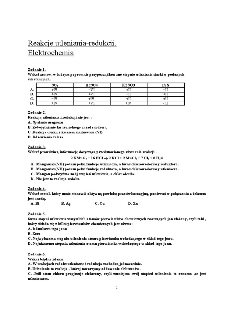 Reakcje Utleniania-Redukcji. Elektrochemia: +IV VI +II II +IV +VI II ...