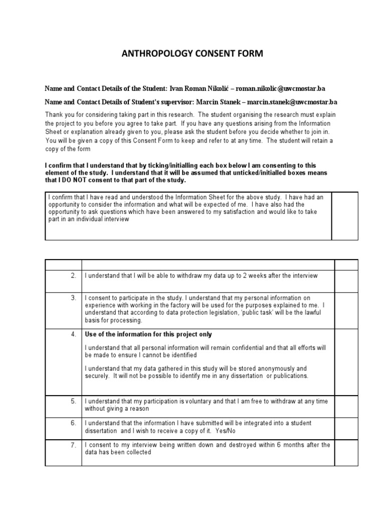 Anthropology Consent Form | PDF | Consent | Information