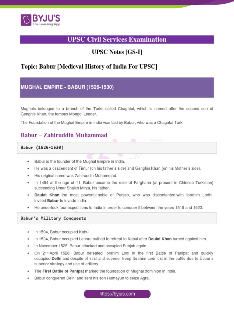 Babur Medieval History of India For UPSC | PDF | Asia | Timurid Dynasty