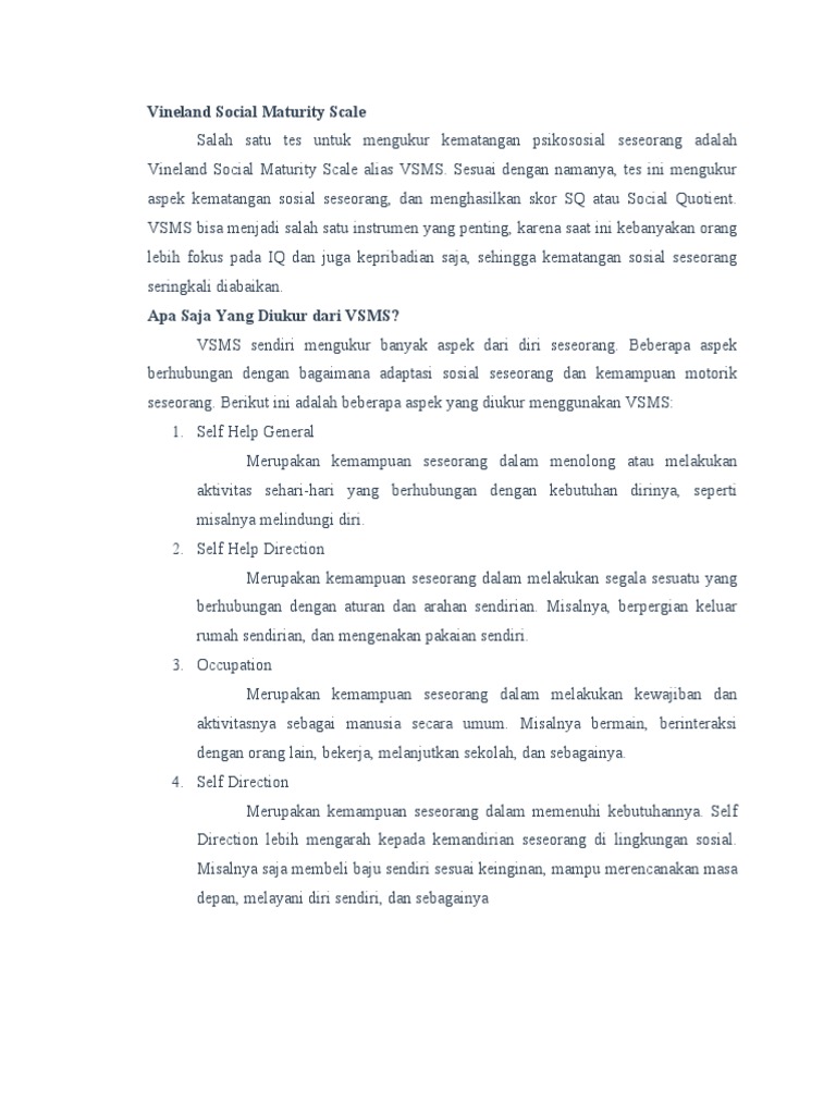 Tes Kematangan Psikososial VSMS | PDF