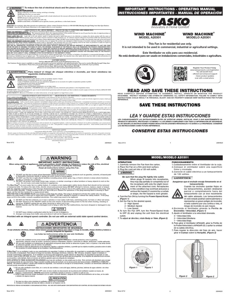 Lasko A20301 Wind Machine Fan | PDF | Vacuum Cleaner | Electrical Connector Lasko A20301 Wind Machine Fan | PDF | Vacuum Cleaner | Electrical Connector