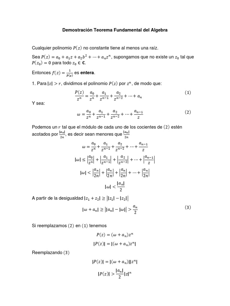 Demostración Teorema Fundamental Del Algebra | PDF | Análisis complejo ...