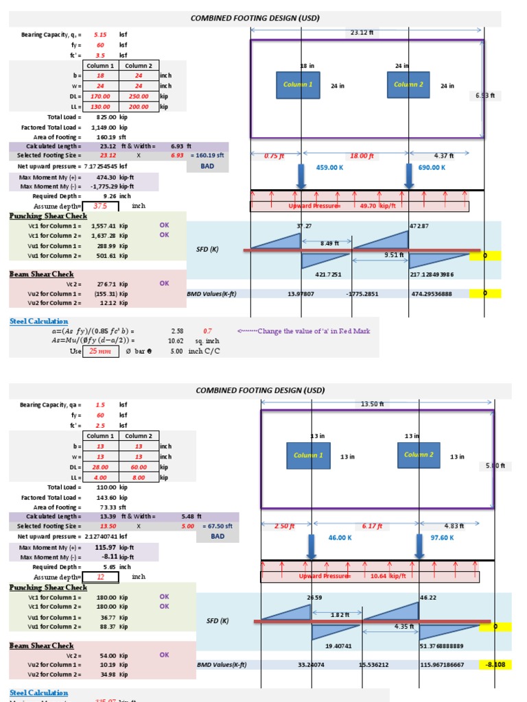 Combined Footing Design Calculations | PDF | Inch | Continuum Mechanics