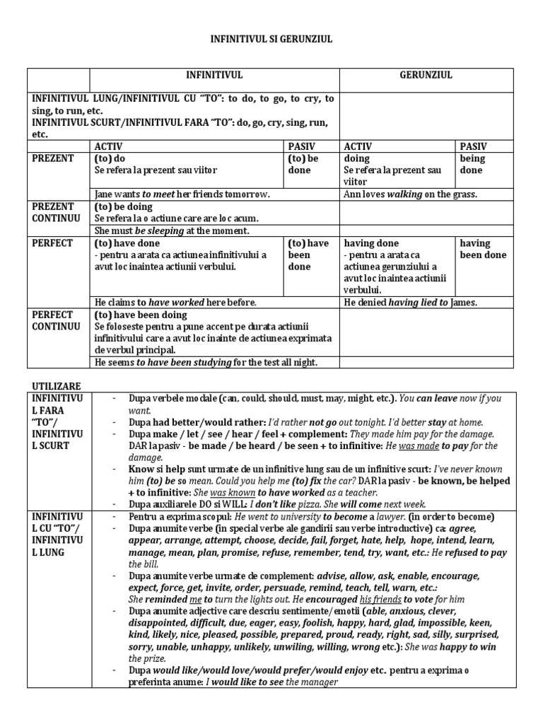 INFINITIVUL SI GERUNZIUL 8th GRADE | PDF | Noun | Adjective