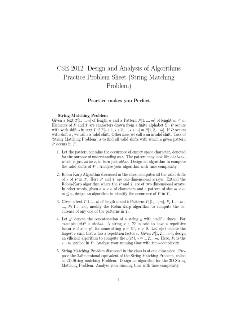 CSE 2012-Design and Analysis of Algorithms Practice Problem Sheet (String Matching Problem) | PDF