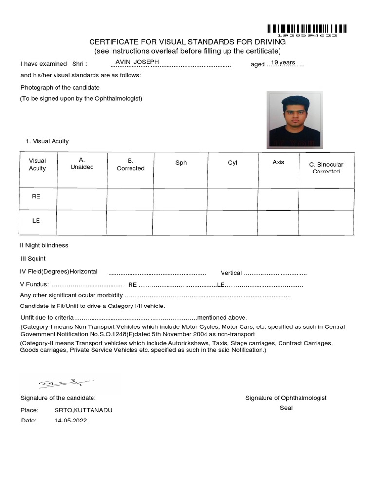 Certificate For Visual Standards For Driving (See Instructions Overleaf ...