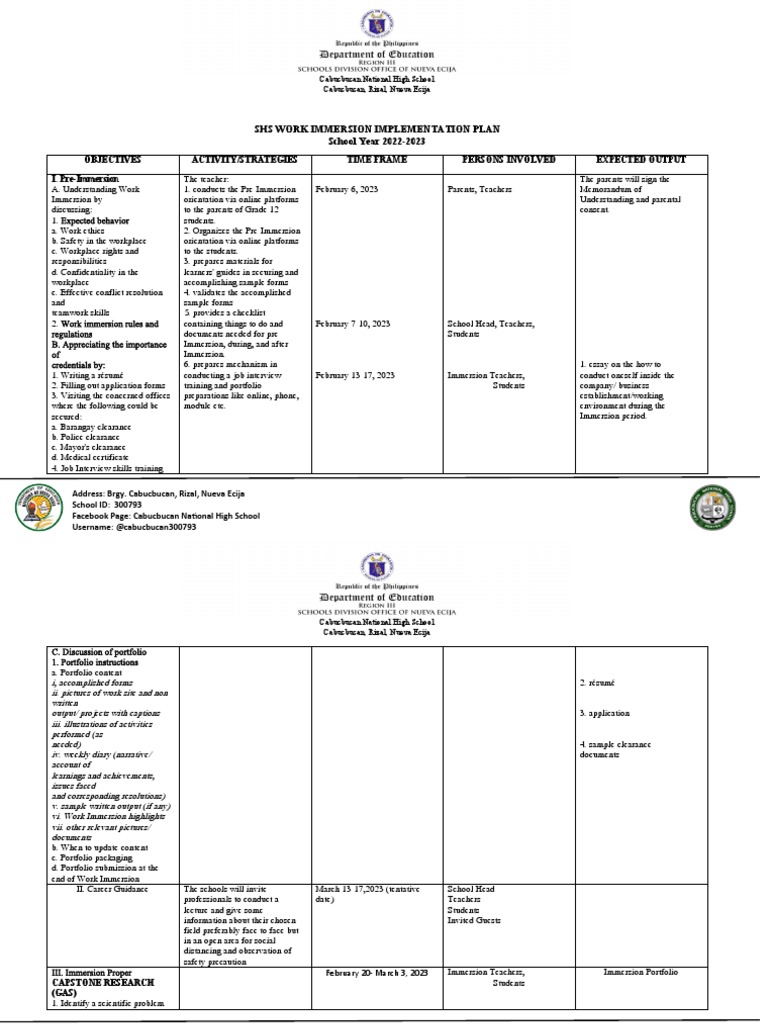 Work Immersion Implementation Plan | PDF | Personal Protective ...