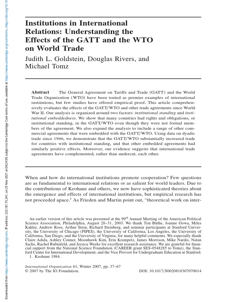 Institutions in International Relations Understanding The Effects of The Gatt and The Wto On ...