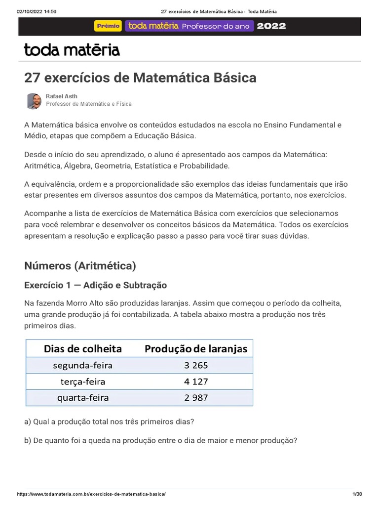 27 Exercícios de Matemática Básica - Toda Matéria1 | PDF ...