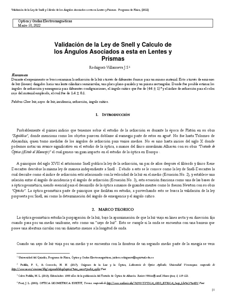 Validación de La Ley de Snell y Calculo de Los Ángulos Asociados A Esta ...