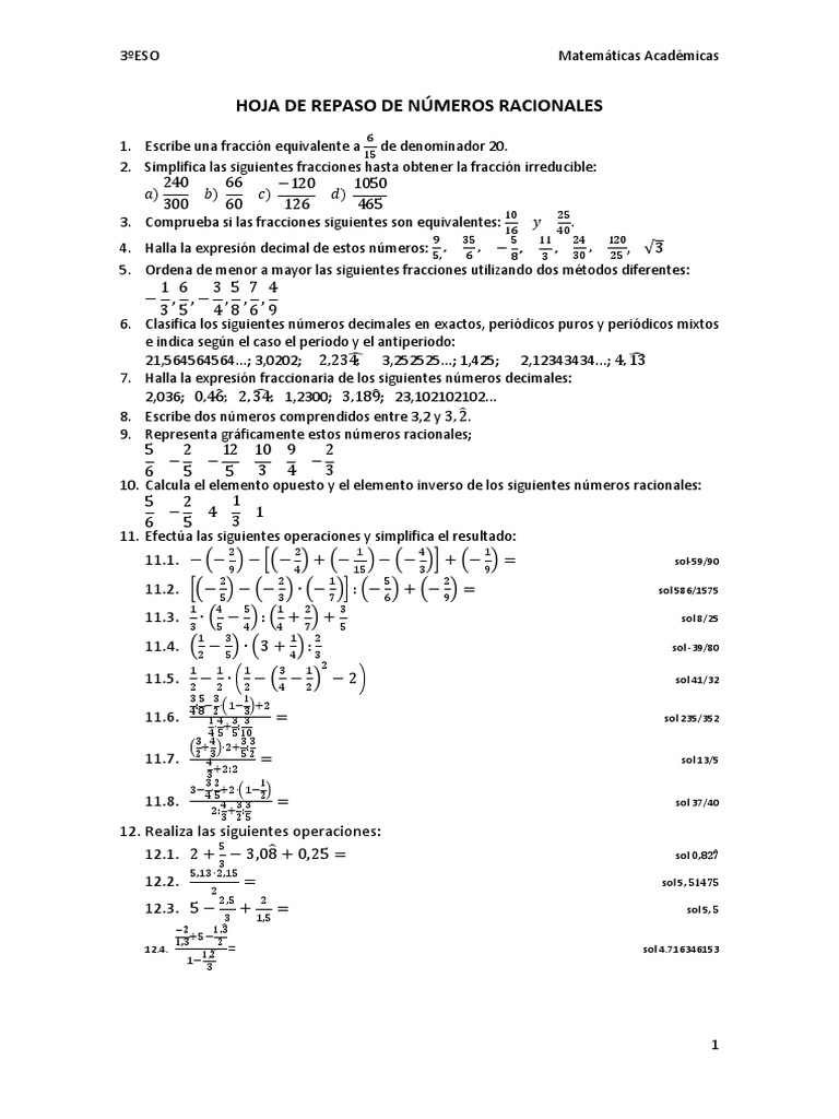 Hoja de Repaso t1 Numeros Racionales | PDF | Número racional | Notación Matemática